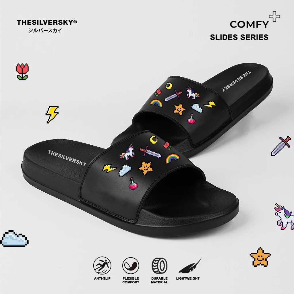 Thesilversky Pixel Black Slides Sandal Premium Slip On - Thesilversky